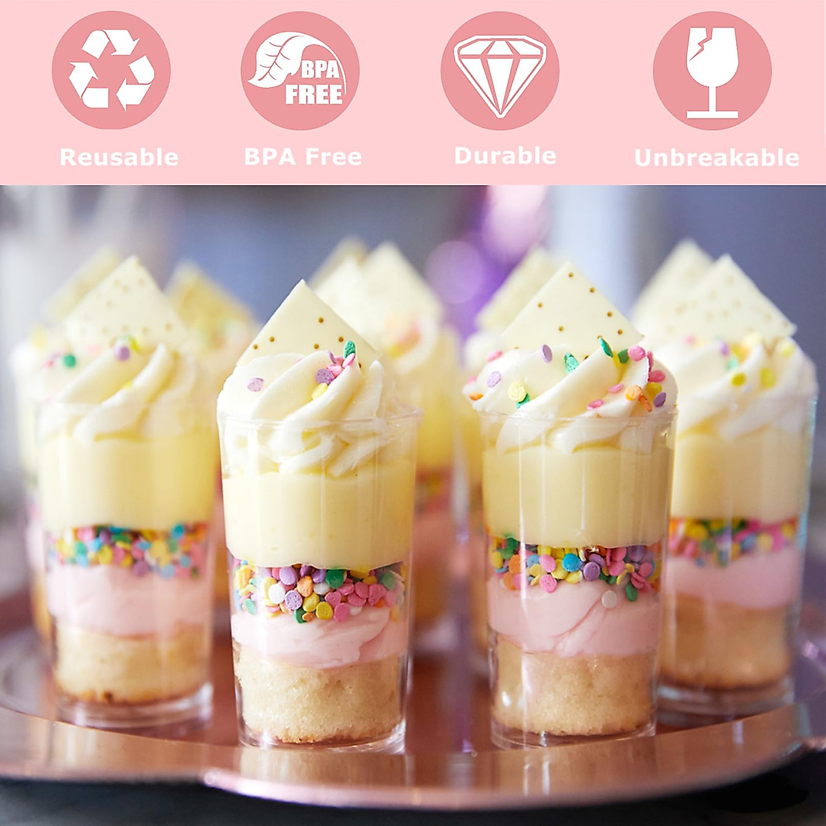 TOFLEN 50 Pack 3 oz Mini Dessert Cups with Lids and Spoons, Round Tall Plastic Dessert Shooters Party Serving Tumbler Cups for Parfait Appetizers & Dessert Shot Glasses