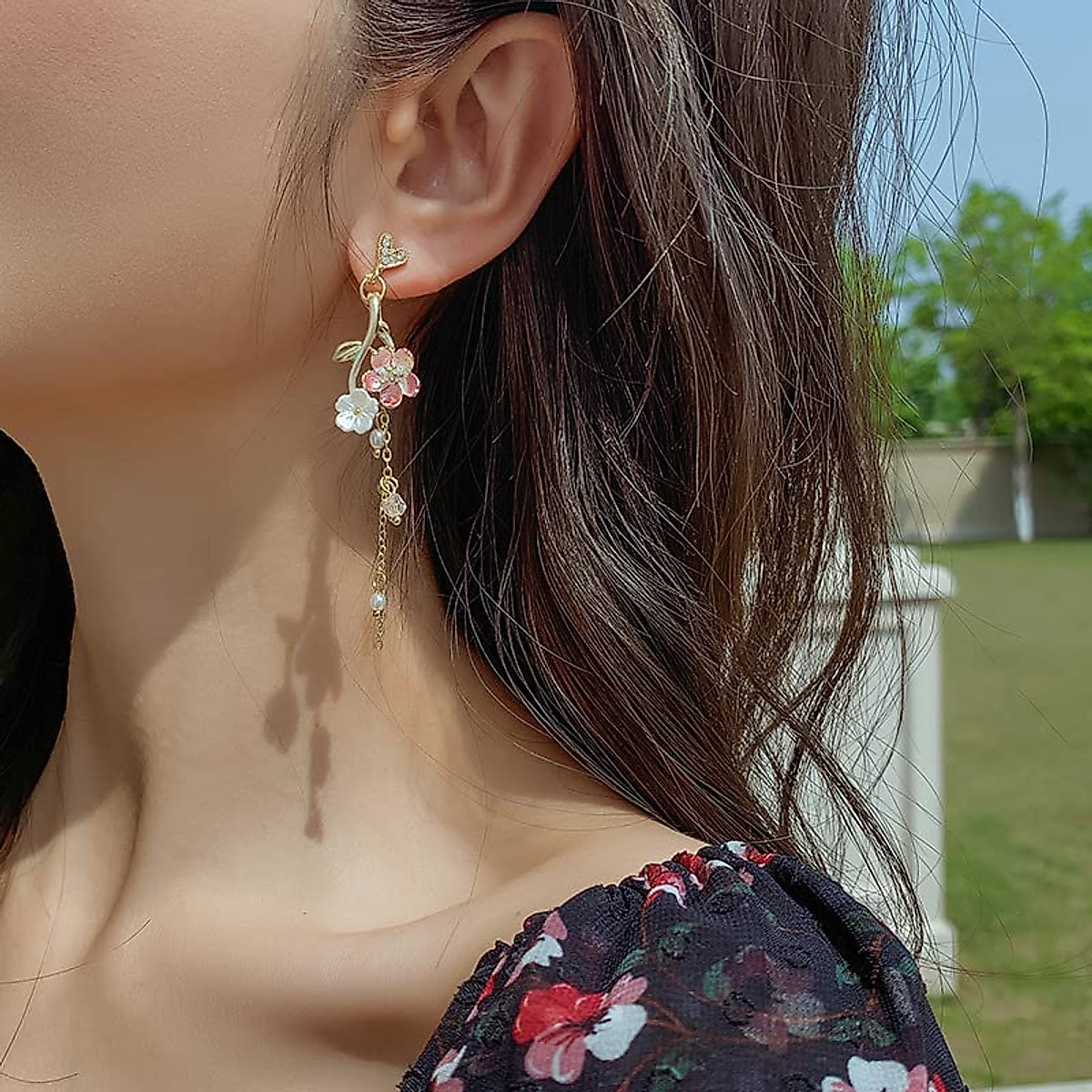 Pink Flower Earrings Sakura Cherry Blossoms Drop Earrings Floral Teardrop Butterfly Fairy Leaf Petal Drop Spring Women Girls Jewelry (A pink)