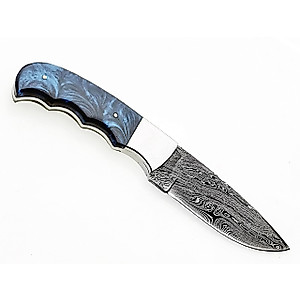 ONEHOPE BLADES Handmade Damascus Steel Hunting Knife With Leather Sheath, 8 inches Fixed Blade Tactical Survival Hand Forged Hunting Bushcraft Camping Knife (BLUE)