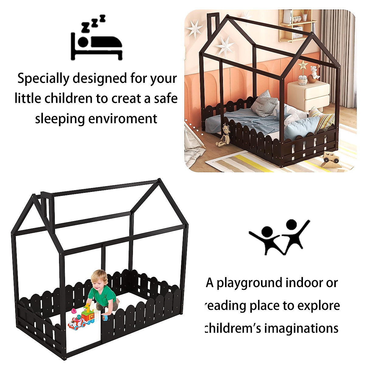 Harper & Bright Designs Twin House Bed Frame for Kids, Montessori Floor Bed Twin with Fence-Shaped Rails, Wood Toddler Twin Floor Bed Frames for Girls, Boys(Twin, Espresso)