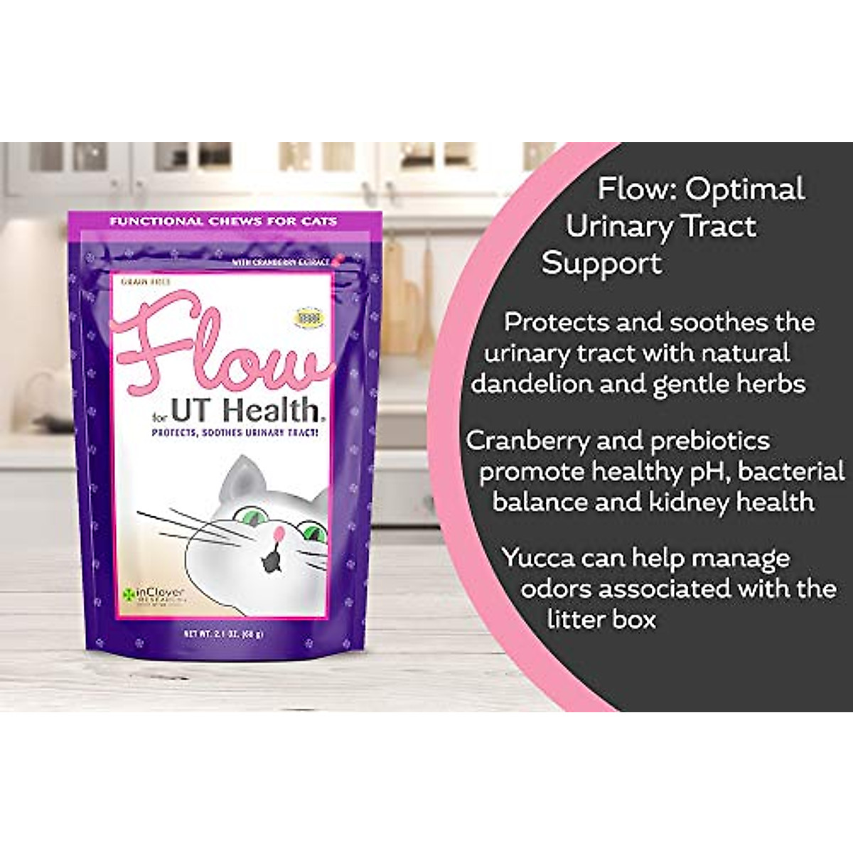 In Clover Flow Soft Chews for Daily Support for UT Health in Cats, Scientifically Formulated with Natural Ingredients for a Healthy Urinary Tract. 2.1oz. (60gm)