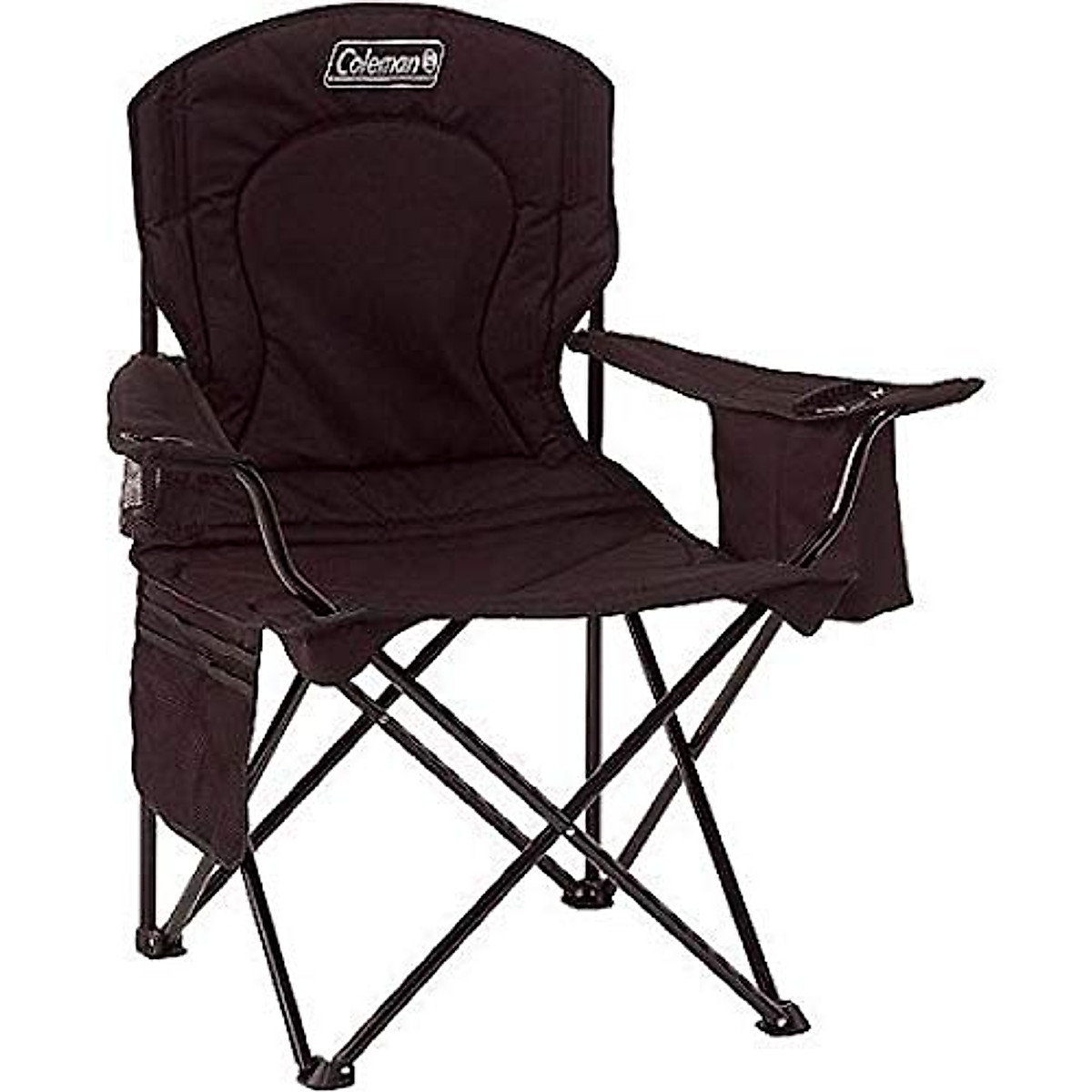 Coleman Camp Chair with 4-Can Cooler | Folding Beach Chair with Built In Drinks Cooler | Portable Quad Chair with Armrest Cooler for Tailgating, Camping & Outdoors , Black, Roomy seat: 24"