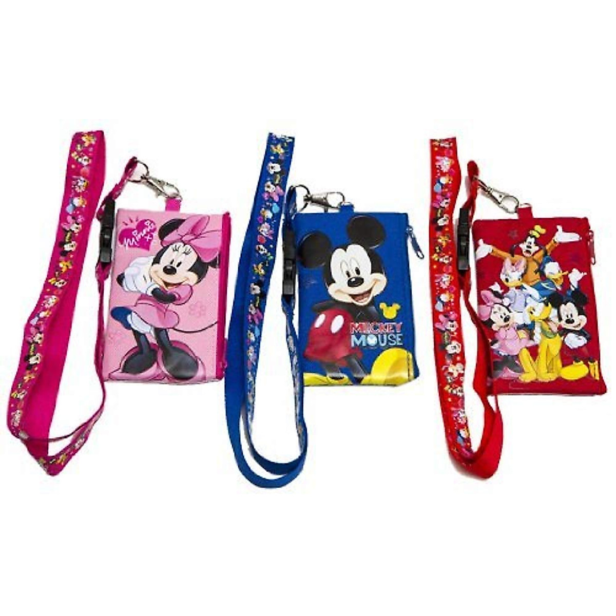 3 X Disney Mickey Minnie & Friends Lanyard with ID Badge Holder Wallet Coin Purse Ticket Key Chain