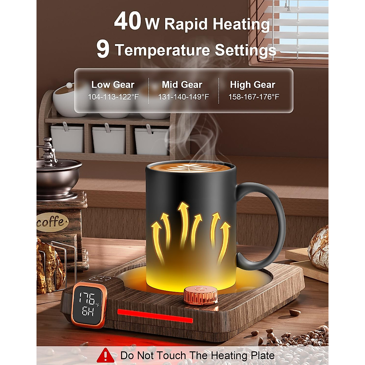 Mug Warmer, 40W Coffee Mug Warmer for Desk with Temperature Display, 1-12Hrs Auto Off/ON, Smart Coffee Cup Warmer with Anti-Scalding Silicone, Beverage Warmer for Coffee, Milk, Tea, Candle (Wood)