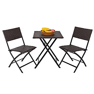FDW 3 Pieces Patio Set Folding Outdoor Patio Furniture Sets Foldable Wicker Bistro Set Rattan Chair Conversation Sets Garden Furniture for Yard Lawn Balcony Poolside Backyard No Assembly Needed,Brown