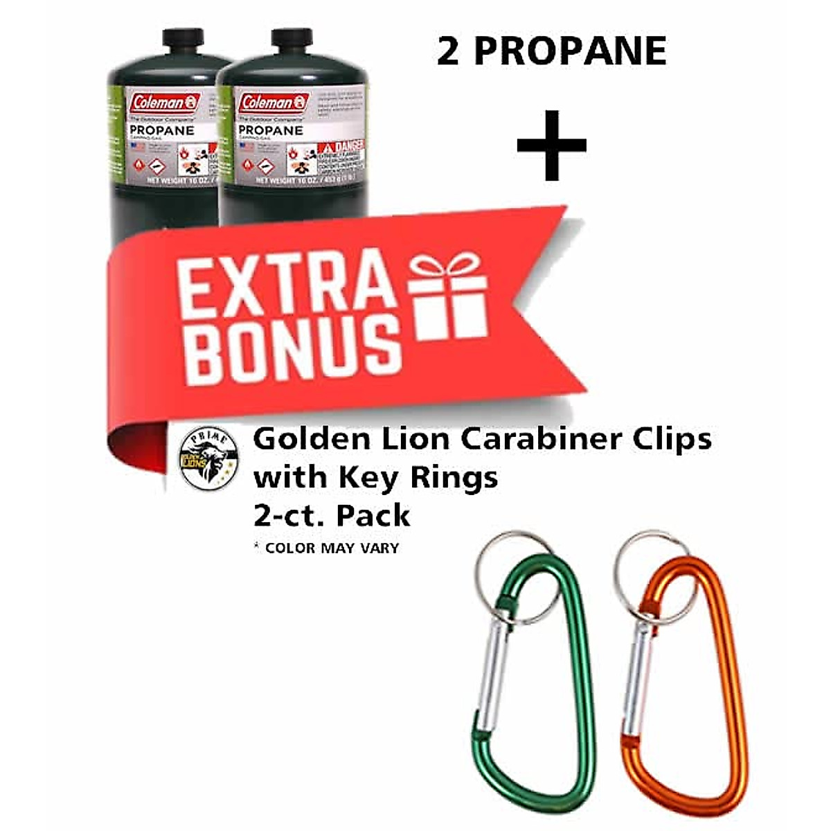 Propane Tank 2 Pack with Golden Lion Bonus: 2 Carabiner Clips, Green, 16oz