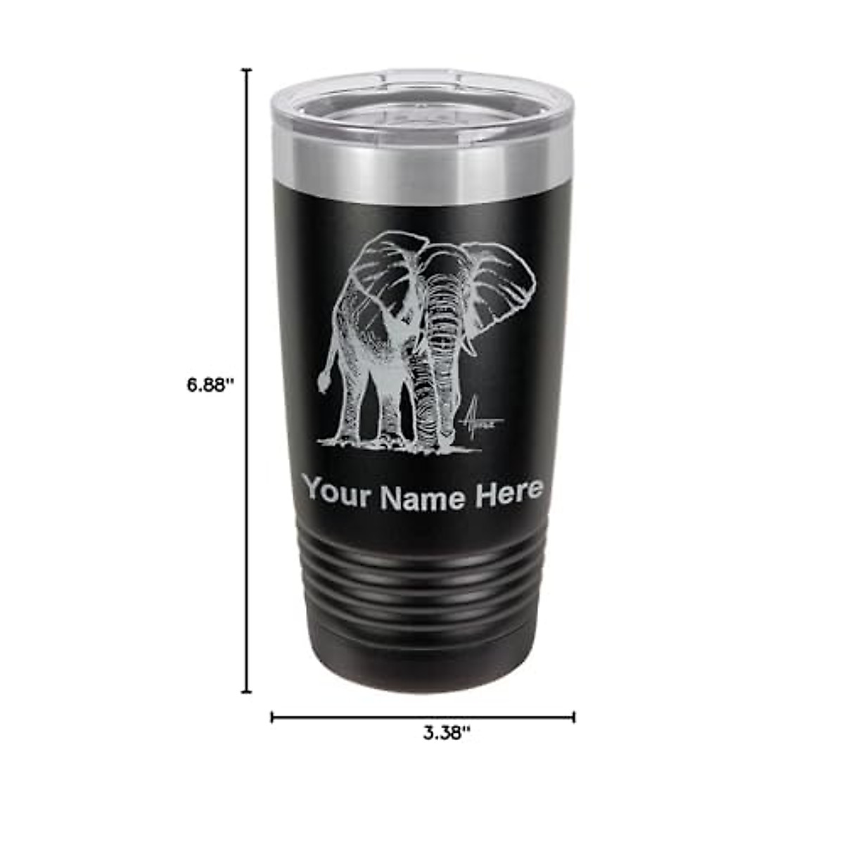 LaserGram 20oz Vacuum Insulated Tumbler Mug, African Elephant, Personalized Engraving Included (Black)