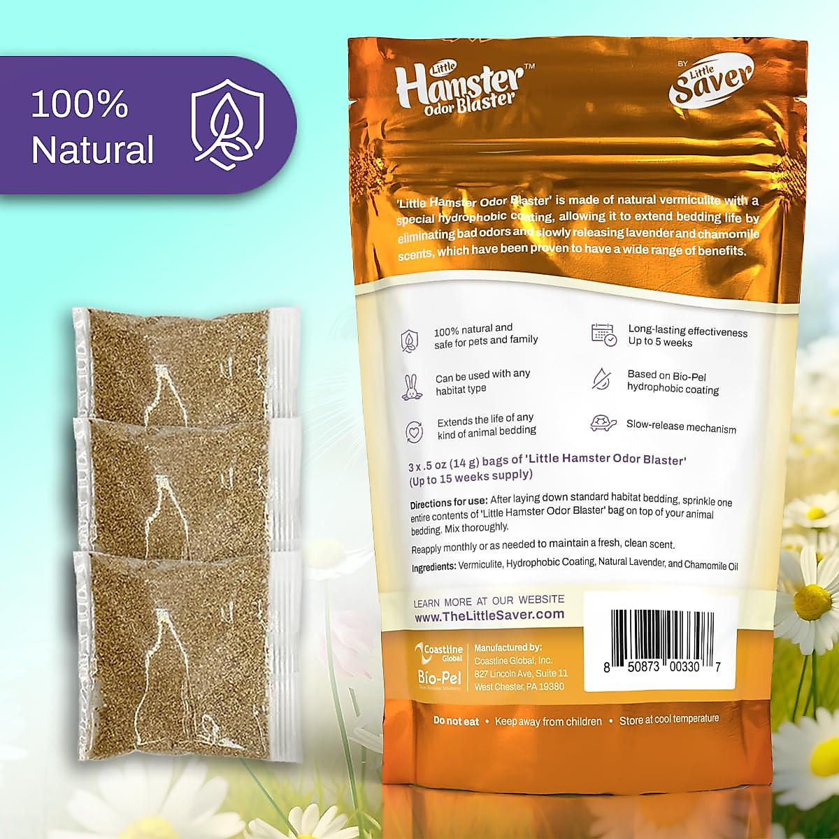 Little Hamster Odor Blaster | a New Generation Of Animal Bedding Deodorizer | Unique Formula for Slow Release | Natural Fresh Scent - Lavender & Chamomile | Up to 15 Weeks Supply | 3 x 0.5oz bags