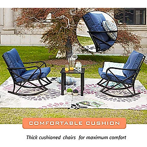 LOKATSE HOME 3-Piece Outdoor Patio Rocking Steel Furniture Bistro Set with 2 Rocker and 1 Metal Square Coffee Table(Blue Thickened Cushion)