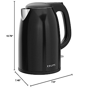 Krups, Electric Kettle, Cool Touch Stainless Steel Interior 1.5 Liter 1500 Watts Fast Boiling, one cup in 80 seconds, Double Wall, Fast Boiling, Auto Off, Keep Warm, Cordless Black