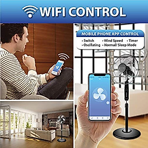 Technical Pro FXA16 WIFI Enabled 16 Inch Standing Fan With Oscillating Feature And Compatible With Amazon Alexa/Google Home Voice Control Smart Home 2.4G ONLY (Black)