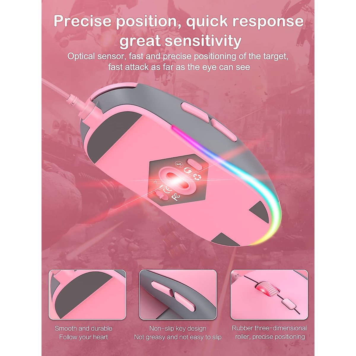 PHNIXGAM Cat Paw RGB Gaming Mouse, Silent Optical Computer Mice USB Wired with 6 Adjustable DPI Up to 7200, RGB Lighting, 6 Programmable Buttons for Windows/Vista/Linux (Pink)