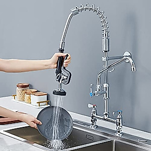 Favorpo Commercial Sink Faucets with Pull Down Sprayer 24"Pre-Rinse Height Deck Mount Kitchen Faucet Brass Constructed Polished Chrome 8" Center Faucet with 10" Add-on Spout for 3 Compartment Sink