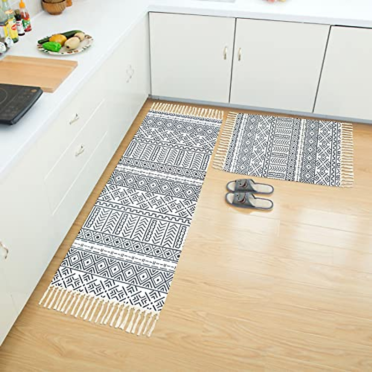 Lacomfy Boho Runner Rug Set 2PC Bathroom Rugs and Mats Black and White Moroccan Floor Mat Throw Rug for Bedroom Living Room Kitchen Laundry Room Farmhouse Decor, Cotton Bohemia Rug with Tassels