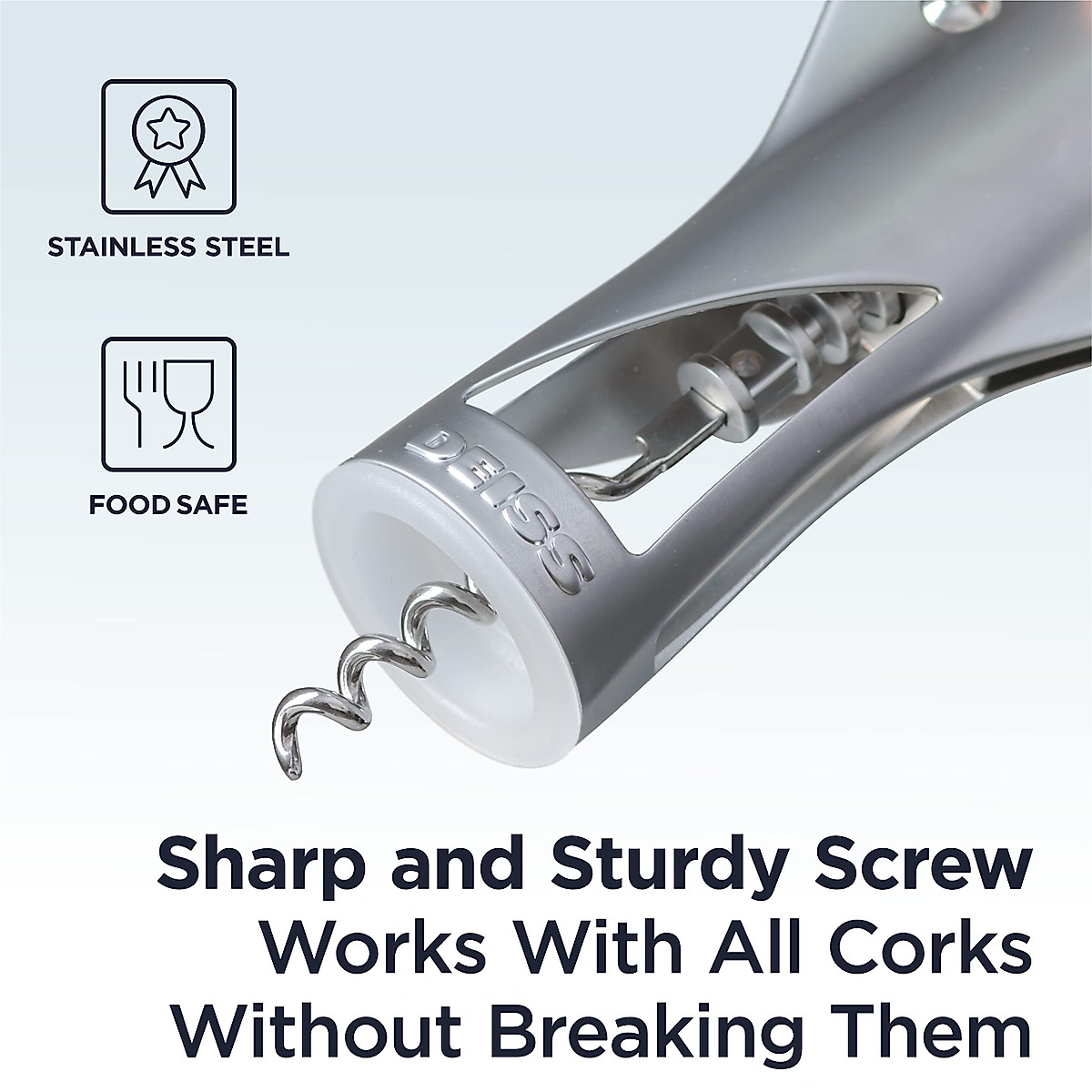 Deiss LUX Wine Opener, All-Metal Wing Corkscrew Wine Bottle Opener with Built-in Beer Bottle Opener - Ergonomic Cork Screw Wine Corker, Silver Matte Coating, Velvet Storage Pouch (SILVER)