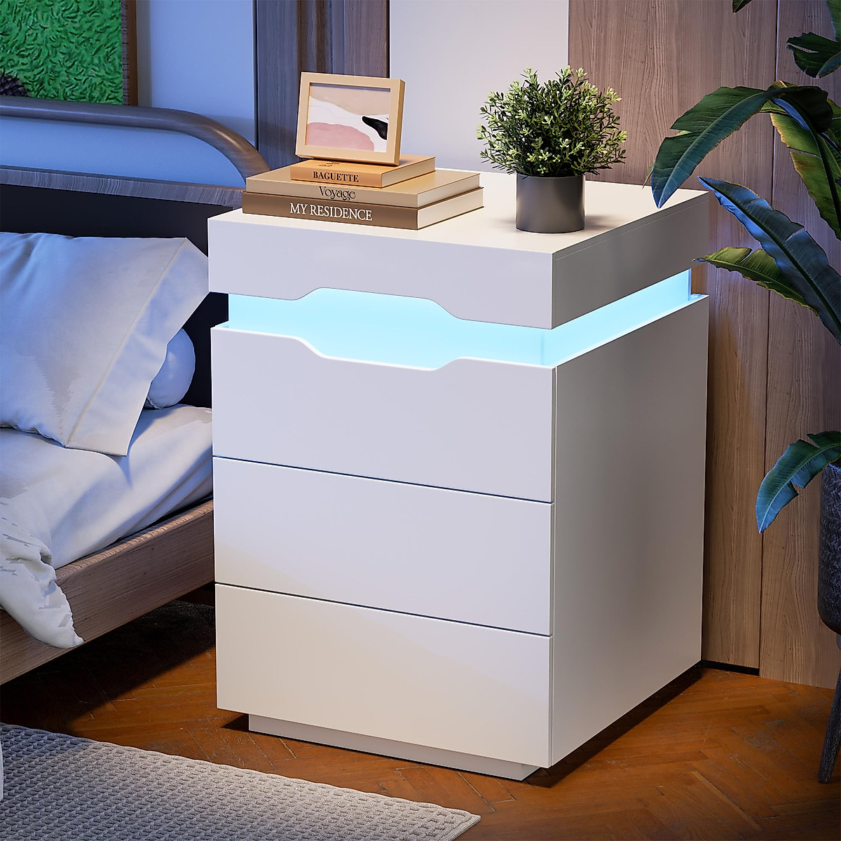 Furniwell LED Nightstand with Charging Station, End Table with 3 Drawers, Night Stand Bedside Table with Sliding Top for Bedroom and Living Room, White