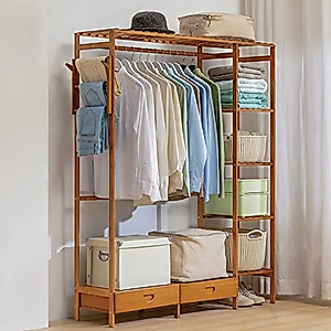 MoNiBloom Bamboo Clothes Rack, Freestanding Closet Organizer with 2 Drawers and a Hanging Rob, Extra 5 Clothing Storage Shelving for Bedroom Living Room, Brown