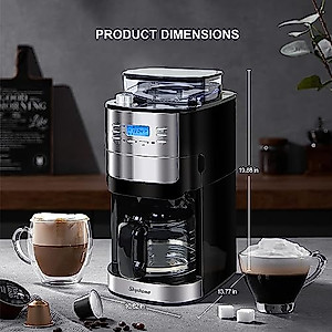skyehomo 12 Cup Drip Coffee Maker with Built-In Burr Coffee Grinder, Programmable Coffee Machine with Timer, Glass Carafe, Reusable Filter, Warming Plate for Home and Office. 1.5L Water Tank