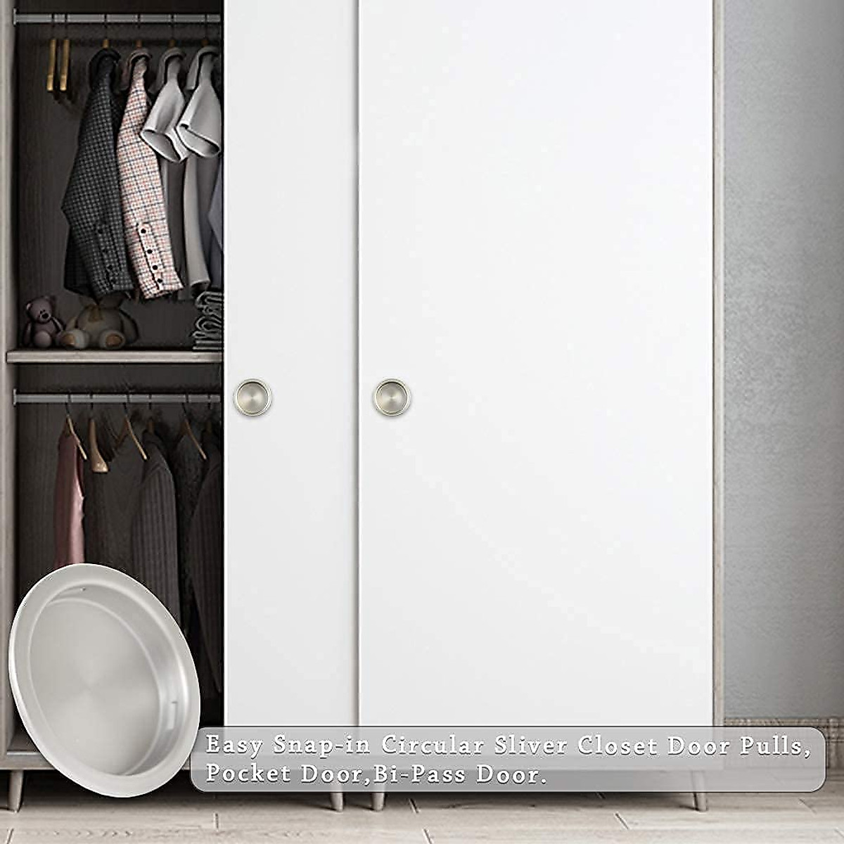 eutectic Collections Closet Door Pull - 4PCS Satin Nickel Snap-in Circular Sliding Pull Out for Pocket Bi-Pass Door Panels, No Nails Needed, 1-3/4" inches