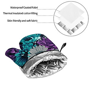 YILEQUAN Purple and Teal Flowers Print Oven Mitts Pot Holders Sets,Kitchen Glove High Heat Resistant 500 Degree Potholder,Surface Safe for Baking, Cooking, BBQ,Pack of 4 One Size