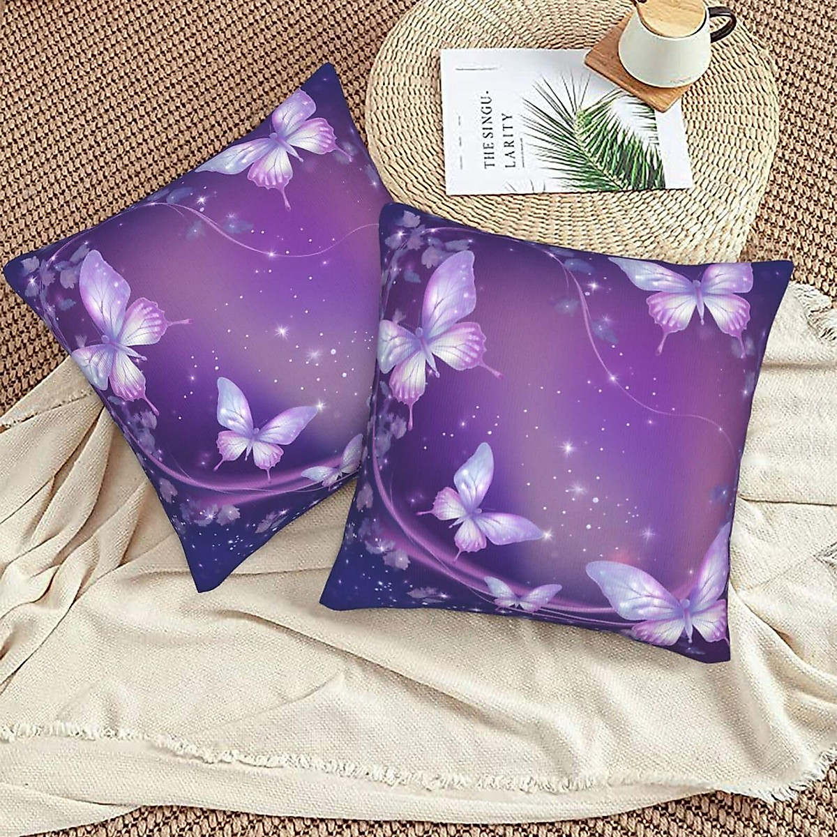 Ouqiuwa Purple Butterfly Throw Pillow Covers Set of 2 16"x16" Square Decorative Sparkle Star Pillowcase Cushion Cover for Bedroom Living Room Car