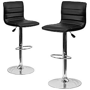 KLS14 Modern Barstools Horizontal Line Design Hydraulic Adjustable Height 360-Degree Swivel Seat Sturdy Steel Frame Chrome Base Dining Chair Bar Pub Stool Home Office Furniture - Set of 2 Black #1980