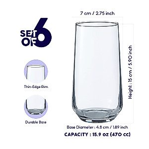 NIKOC Drinking Glasses | Set of 6 | 15.9 oz | Highball Glasses | Premium Glass Cups | Tall Water Juice Glasses | Tumbler Glass | for Home, Restaurants and Parties | Dishwasher Safe