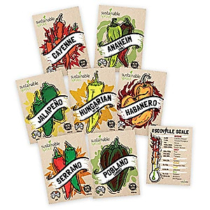 Hot Pepper Seeds Variety 7 Pack — Includes Cayenne, Anaheim, Jalapeno, Hungarian Wax Pepper, Habanero, Serrano and Poblano — Heirloom Chili Seed Packets for Planting in Your Organic Garden