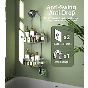 WXCGX Hanging Shower Caddy Over Shower Head Organizer: Height Adjustable Large Bathroom Storage Shelf with Soap Holder - Stainless Rustproof Shower Rack Basket with Hooks for Sponge Razor - Silver