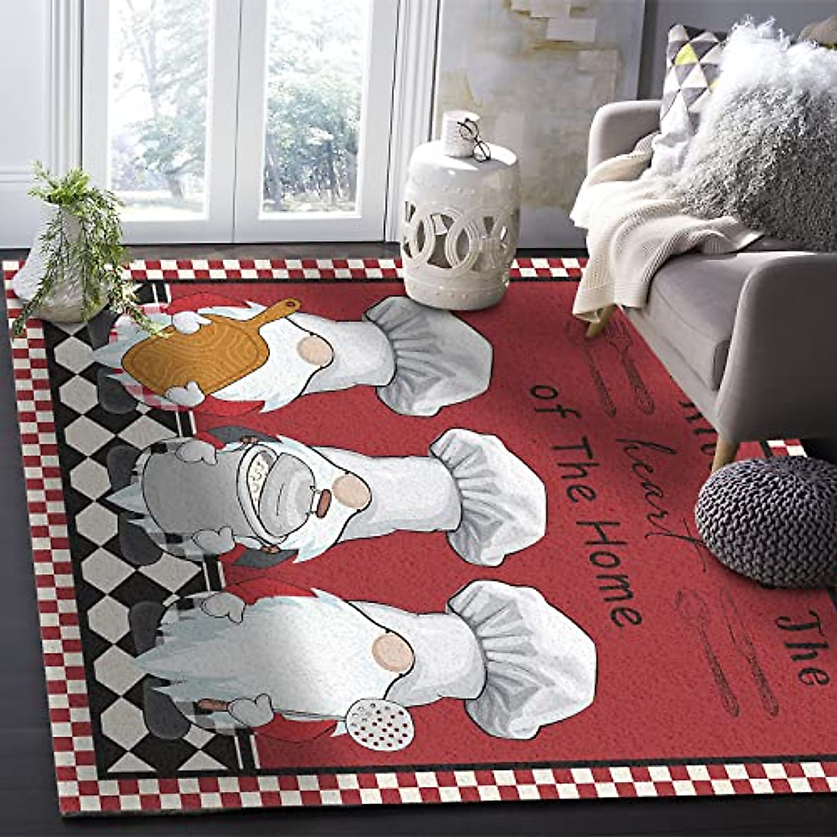 Modern Large Area Rug 5' x 8' Bedroom Rugs, Fat Chef Runner Rug Non Slip Kitchen Rug Washable Floor Carpet Mat for Living Room Bathroom Outdoor Cook Gnomes Buffalo Plaid Red