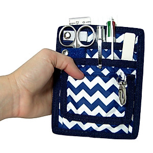 6 Piece Protective Lab Coat Pocket Organizer Kit has Fashionable Blue Chevron Pattern. 6 Pockets Packed With Needed Accessories