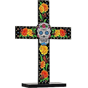 Thyle Table Wooden Cross Decor Mexican Cross for Home Tables Standing Cross Dia De Los Muertos Sugar Skull Signs for Day of the Dead Home Church Party Decoration