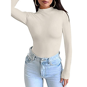 PINKMSTYLE Womens Mock Turtleneck Long Sleeve Tops Double Lined Tight Shirts Base Layer Fall Outfits Cream Small