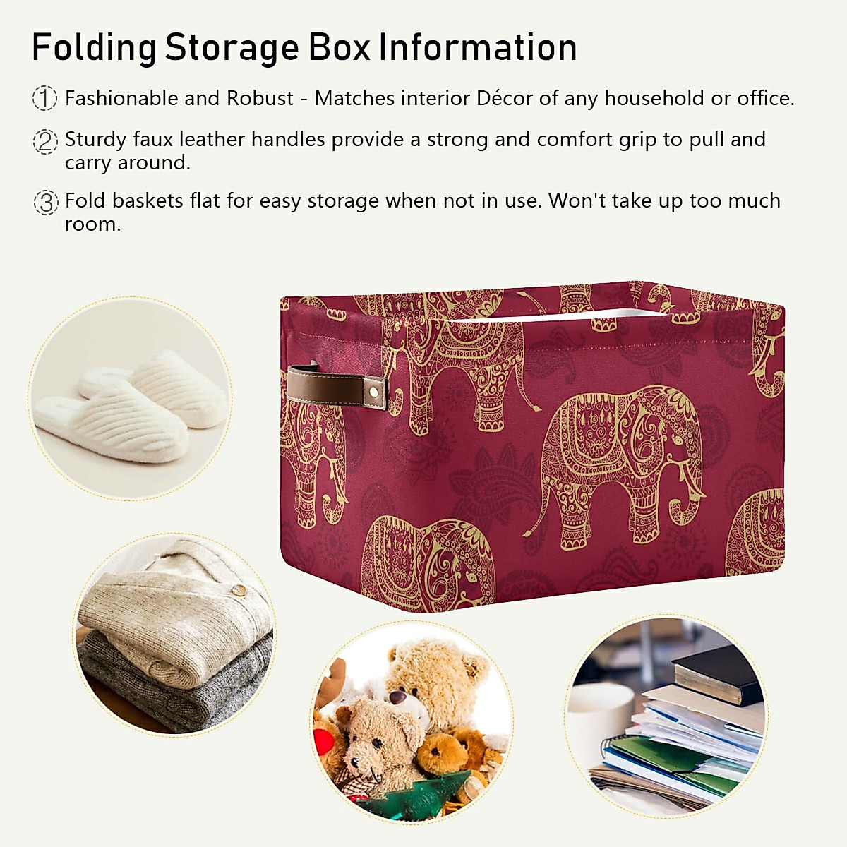 susiyo Foldable Storage Bins Large Collapsible Fabric Storage Baskets with Leather Handles Organizing Box for Shelves Home Bedroom Nursery Office 2 Pack，Indian Tribal Elephants