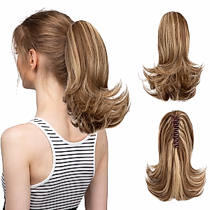 CJL HAIR Short Claw Clip Ponytail Extension Drawstring Curly Fake Faux Jaw Balayage Hairpiece Hair Piece Wavy High Pony Tails Synthetic Heat Friendly Fiber for Women Girls Kids
