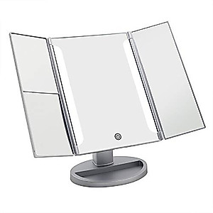 KXA Lighted Makeup Mirror, 24 LED Lighted Tri-Fold Makeup Mirror with Touch Screen and 180°Adjustable Stand Dual Power Mode Travel Beauty Mirror
