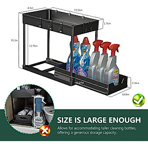 1 Pack Under Sink Organizers and Storage - 2 Tier Sliding Bathroom Cabinet Organizer with Hooks - Multi-Purpose Under The Sink Organizer Kitchen - Black
