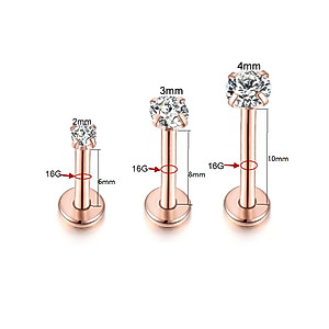 3Pairs 16G CZ Labret Cartilage Tragus Monroe Lip Nose Helix Studs Earrings Stainless Steel Piercings Jewelry (rose gold)
