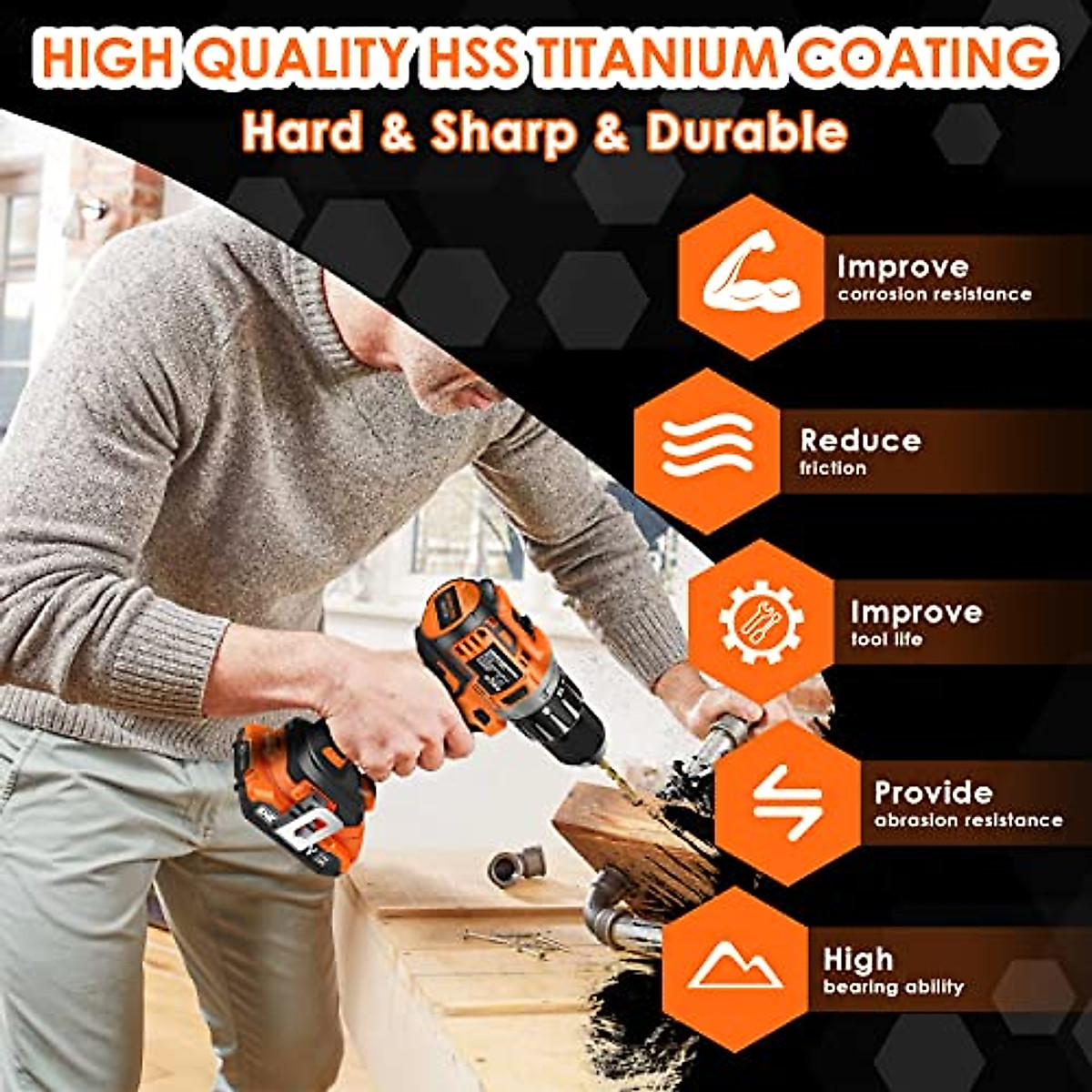 ENERTWIST 21 Pcs Titanium Twist Drill Bit Set,1/16"-1/2",135 Deg Tip High Speed Steel Drill Bit Kit for Metal/Steel/Wood/Cast Iron/Aluminum Alloy/Plastic/Fiberglass with Hard Storage