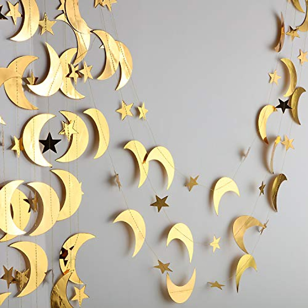 Glitter Star Moon Garland Banner Decoration, 130 Feet Gold Bright Star Moon Paper Garland Hanging Bunting Banner Backdrop for Graduation Class Congrats Grad Party Decoration