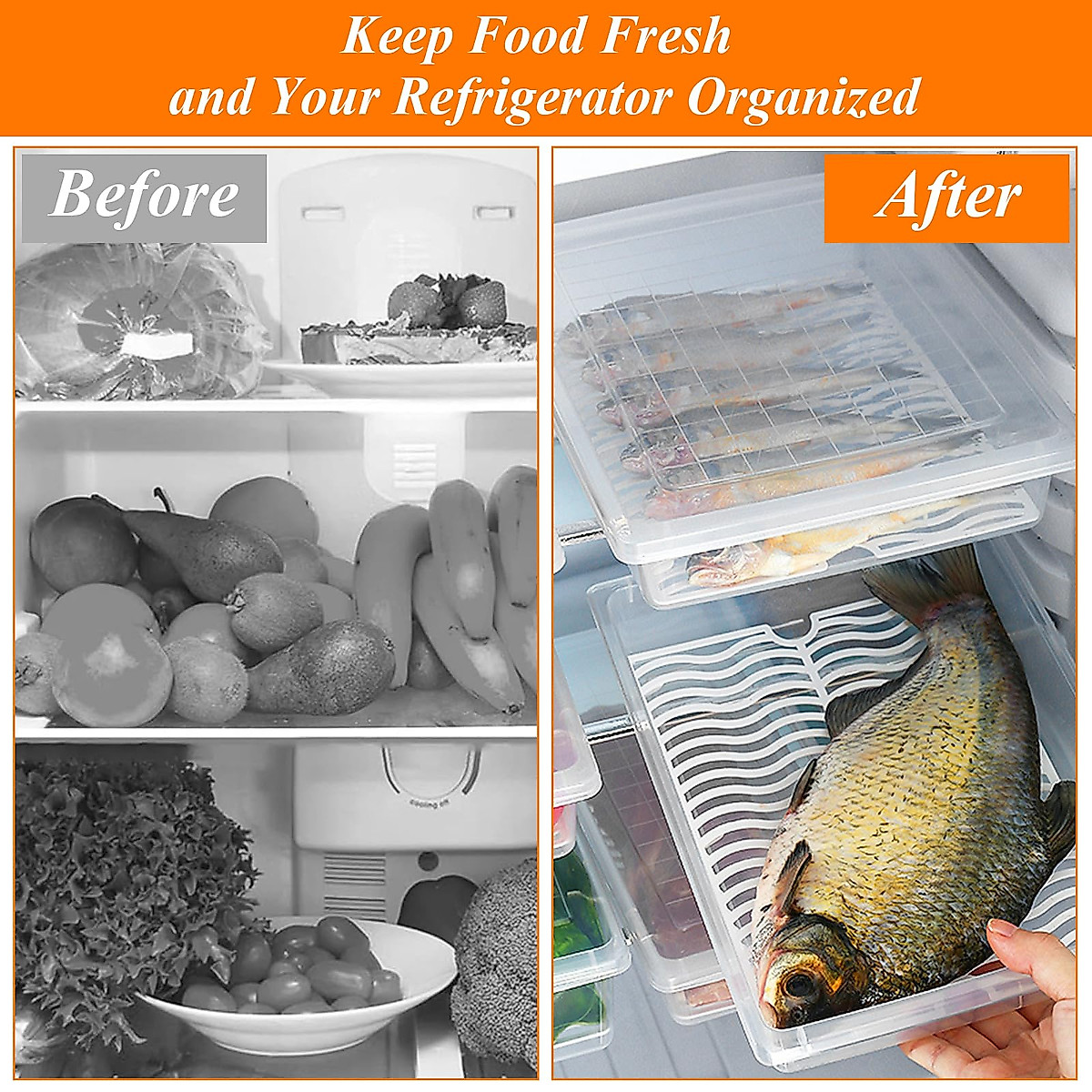 MUXHEL 8 Pcs Food Storage Container for Fridge, X-Large Fruit Storage Containers for Fridge with Lid and Removable Drain Plate, Plastic Freezer Storage Containers for Storing Fruits, Vegetables, Meat