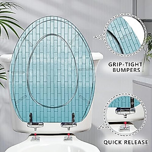Resin Elongated Toilet Seat with Cover Quiet Close Quick Release Hinges Pale blue shiny ceramic tiles surface kitchen wall Decorative Toilet Seat Easy to Clean Install Home Decor