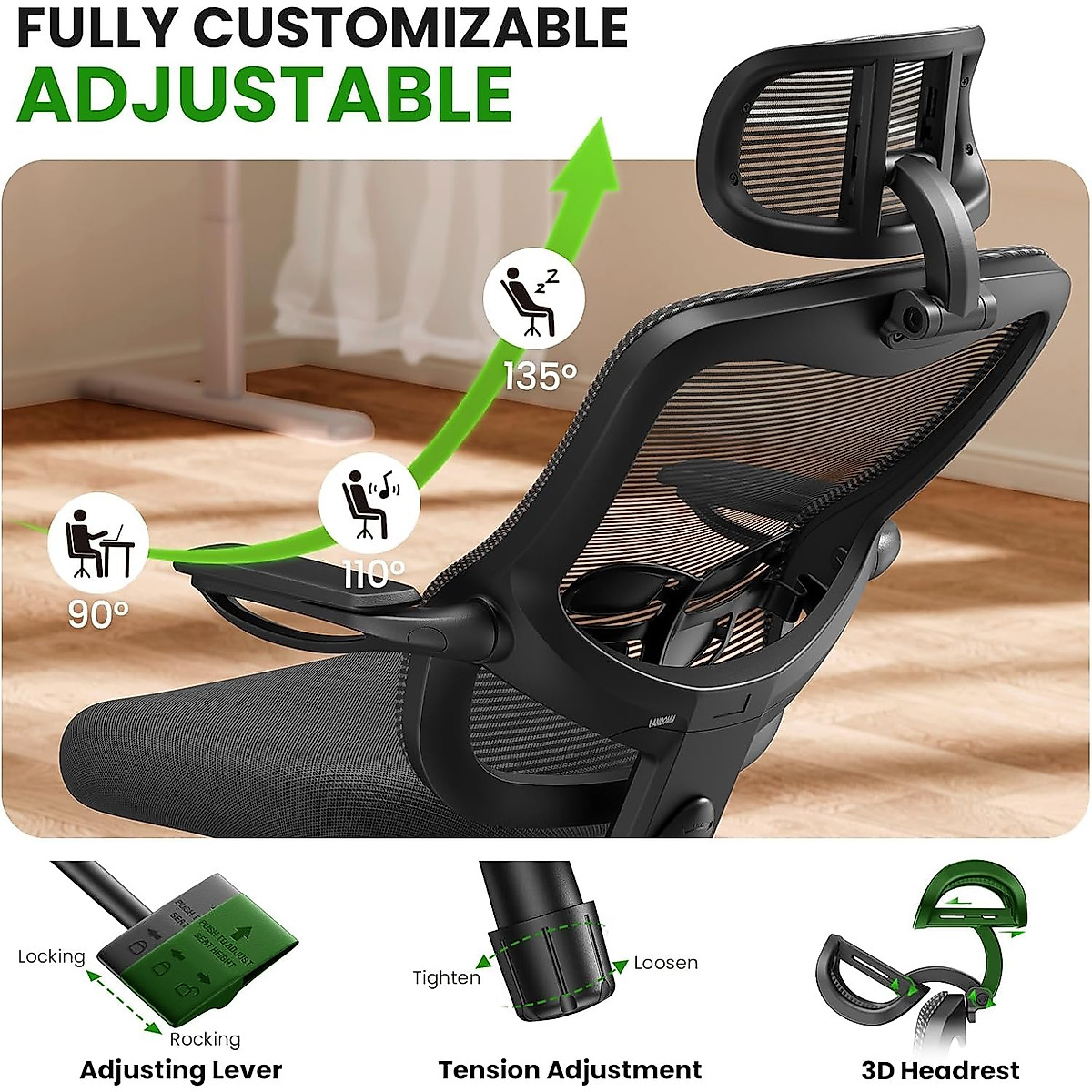 Ergonomic Office Chair Big and Tall - 6'5" Tall Max, 350Lbs Capacity Computer Desk Chairs Over 10 Hours Comfortable, with Adjustable Mesh High Back, Lumbar Support, 3D Headrest, Flip-up Arms