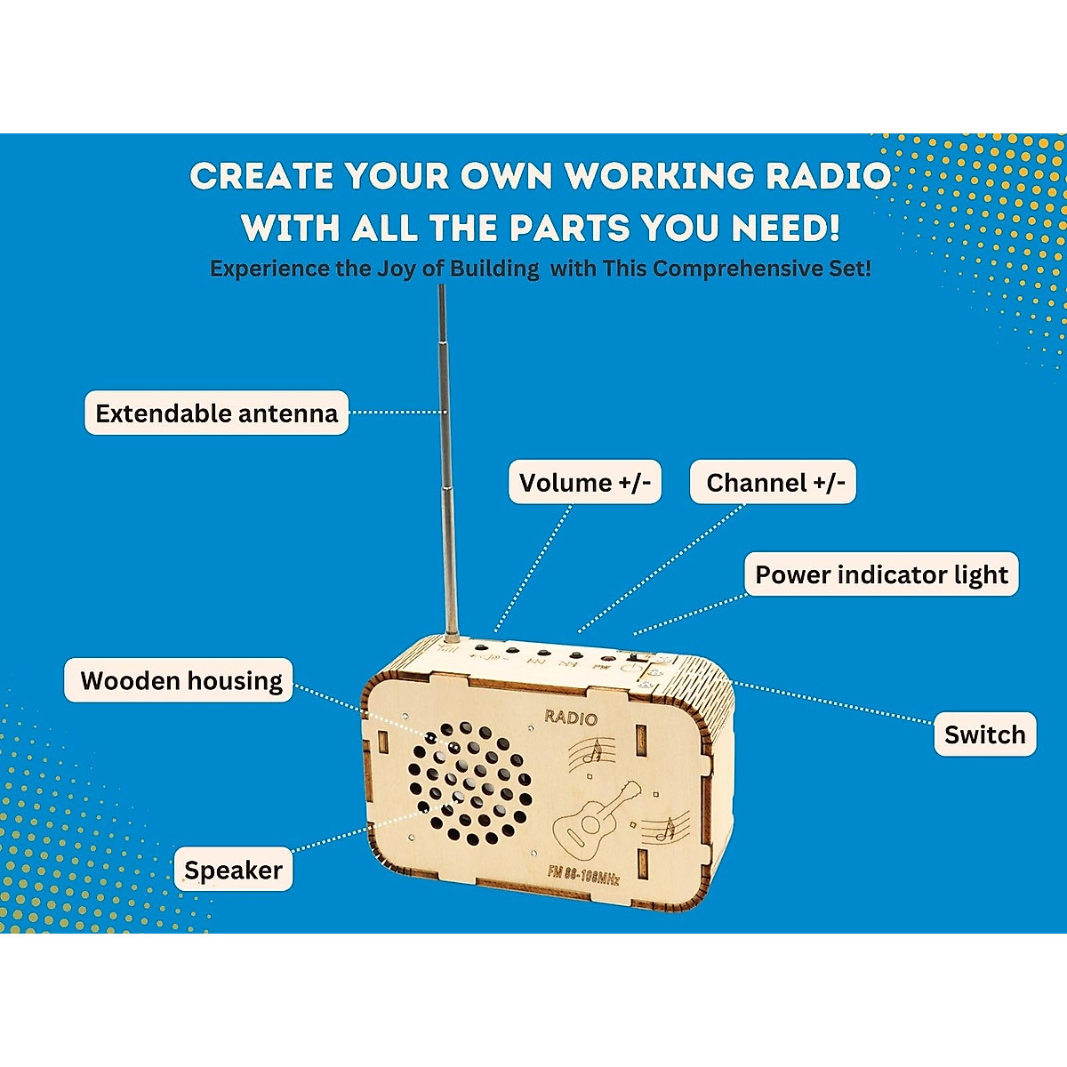 Pica Toys Wooden FM Radio Kit FM 88-108MHz - Science Experiment and Educational Project STEM Kit