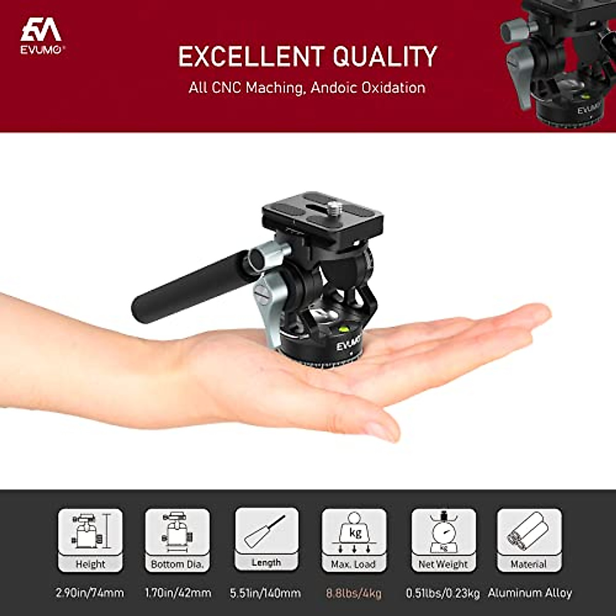 EVUMO H3 Mini Fluid Video Tripod Head, 360° Panoramic Compact Lightweight Camera Video Head for Tripod DSLR Camcorder Telescope, with Quick Release Plates & Detachable Handle, Max Load 8.8lbs/4.0kg
