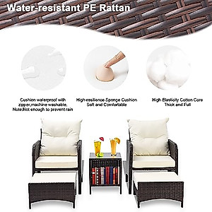 Koruiten 5 Pieces Wicker Patio Furniture Sets, PE Rattan Outdoor Table and Chairs Conversation Set, Outside Furniture with Cushions and Ottomans for Balcony Porch Lawn Garden (White)