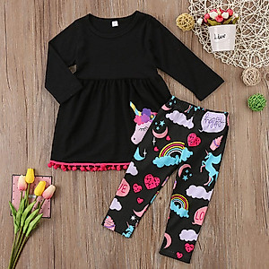 Fashion Kids Toddler Girl Long Sleeve Tunic Top Dress+Floral Pants Outfit Set Spring Fall Clothes (Black Unicorn, 5-6X)