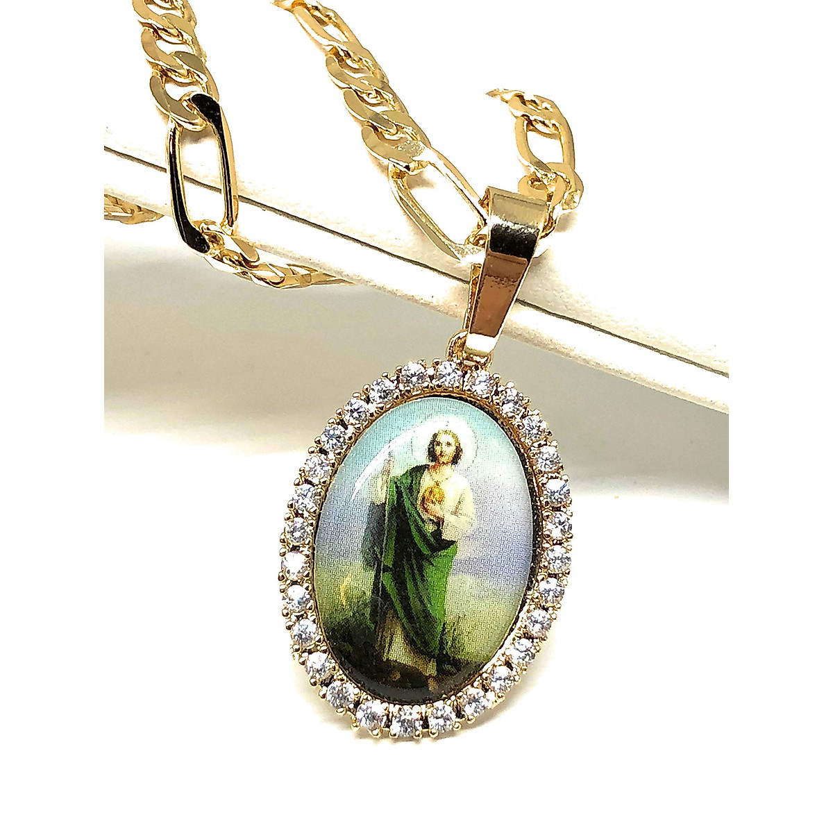 Gold Plated Saint Jude Pendant Necklace Figro 26" San Judas Tadeo Medalla Oro Laminado Figaro