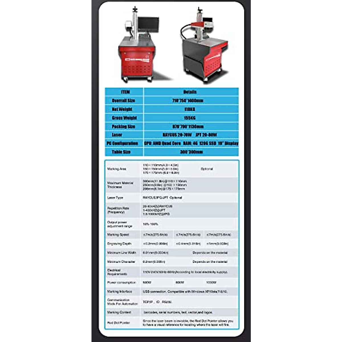 30W JPT Fiber Laser Engraver Machine for Metal Vertical Fiber Laser Engraving Marking Machine with 175×175mm Lens