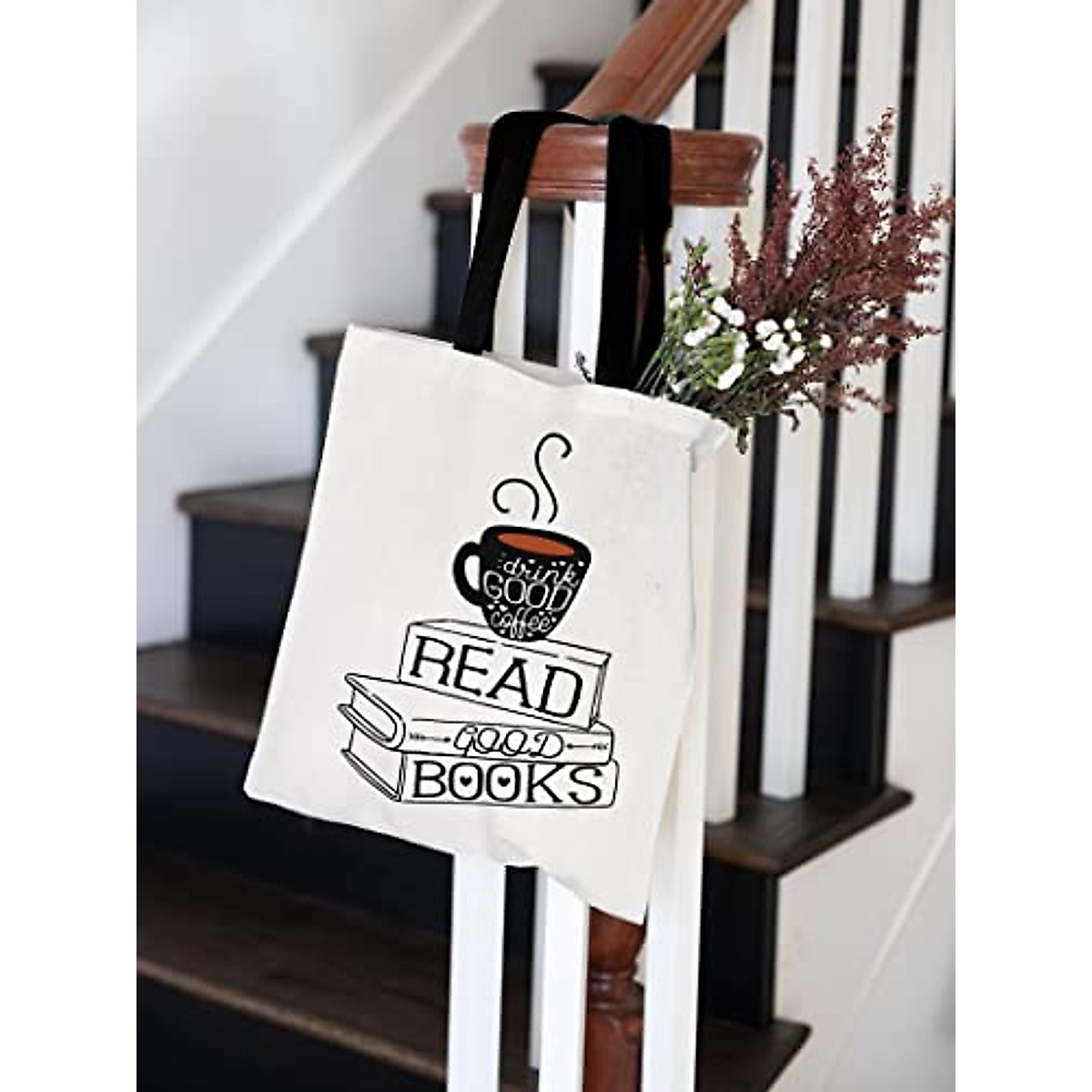 XIKAINUO Drink Good Coffee Read Good Books Cotton Canvas Tote Bag with Interior Pocket, Travel Shopping Shoulder Bag Birthday Christmas Gifts for Readers, Coffee Lovers, Bookworm, Teens